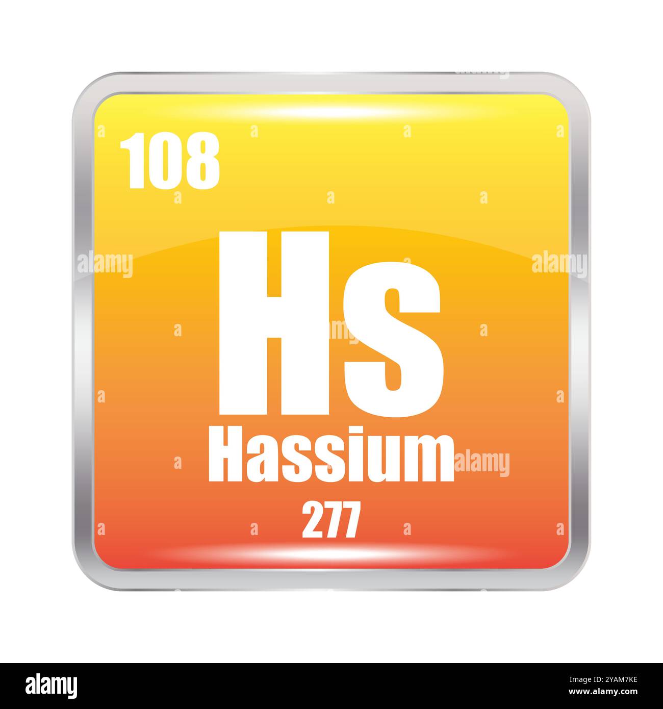 Hassium element symbol. Atomic number 108. Mass 277. Yellow square icon ...