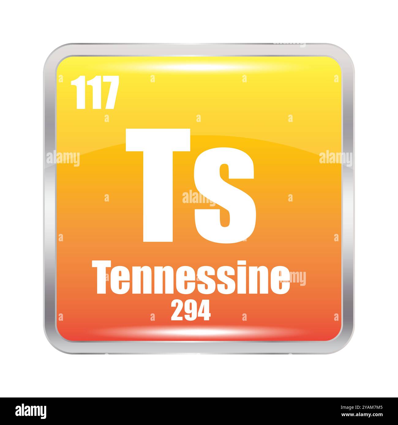 Tennessine icon. Ts chemical element. Atomic number 117. Mass 294. Orange square image. Vector ...