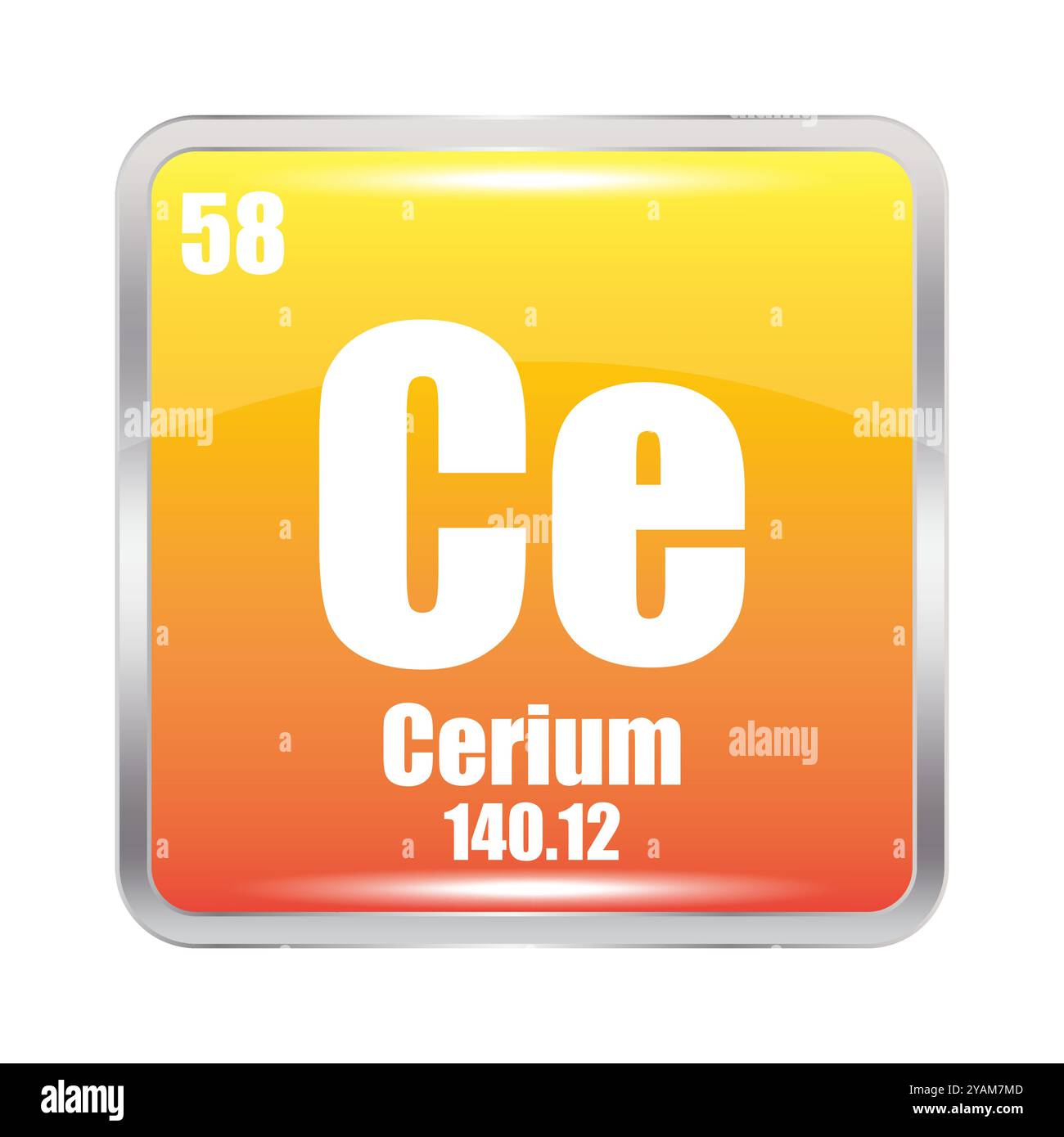 Cerium icon. Ce chemical element. Atomic number 58. Mass 140.12. Orange ...