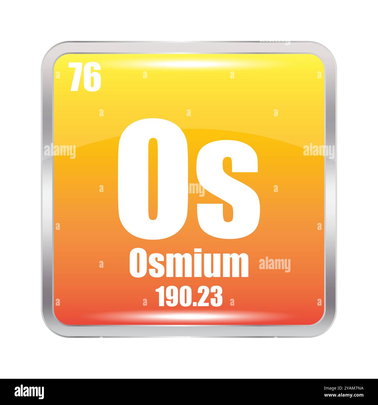 Os icon. Osmium element. Atomic number 76. Mass 190.23. Orange square ...