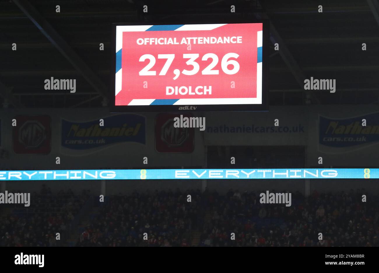 CARDIFF, UK. 14th Oct, 2024. Matchday attendance shown on the big ...