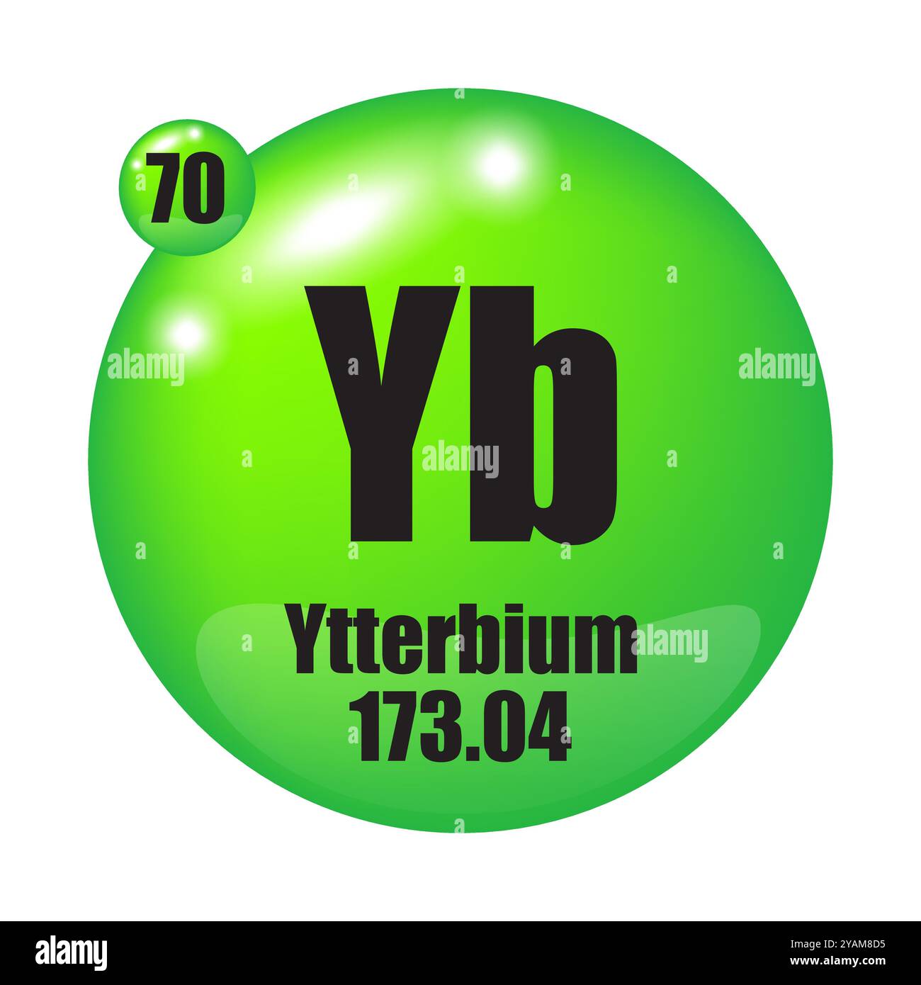 Yb icon. Ytterbium element. Atomic number 70. Mass 173.04. Green sphere ...
