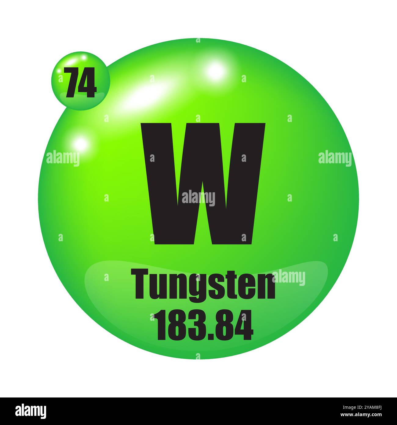 Tungsten icon. W chemical element. Atomic number 74. Mass 183.84. Green sphere image. Vector ...