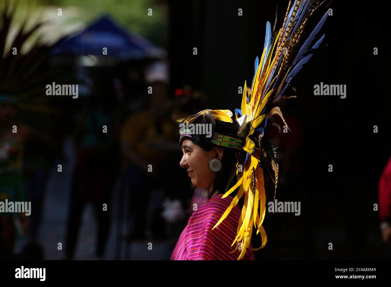 A member of the Grupo Coatlicue performs a traditional Aztec dance, an ...