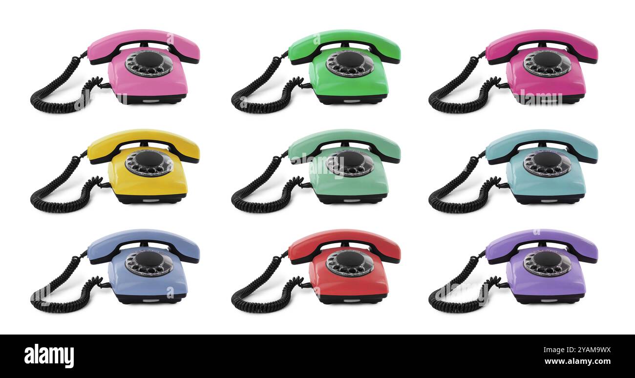 Old telephone with rotary dial of different colors isolated on white ...