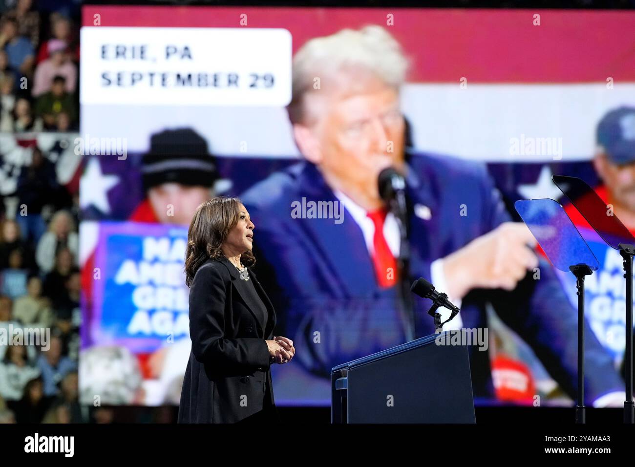Democratic presidential nominee Vice President Kamala Harris speaks as ...