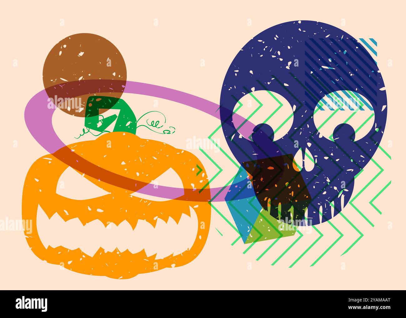Risograph Jack O' Lantern and Skull with geometric shapes. Halloween ...