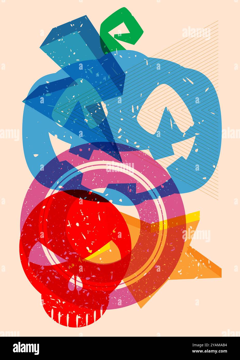 Risograph Jack O' Lantern and Skull with geometric shapes. Halloween ...