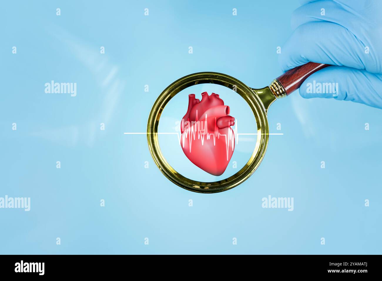 Doctor hand with magnifying glass with heart icon. Close-up of human ...