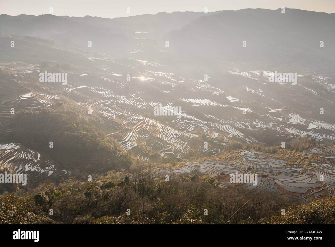 Sunset over Bada rice terraces in Yuanyang rice terraces, Yunnan, China ...