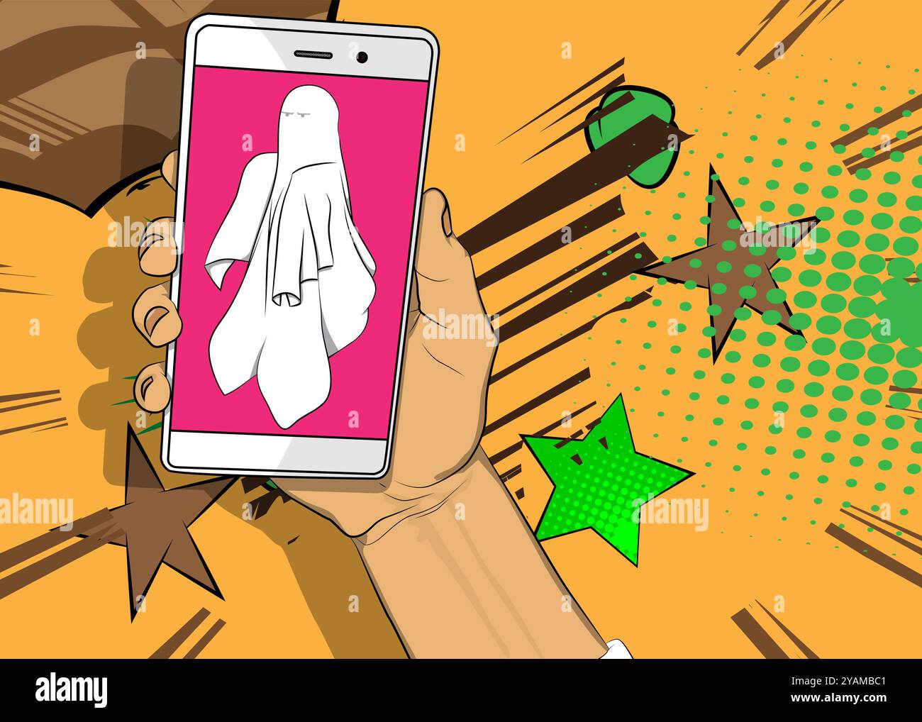 Cartoon Smartphone, comic book Telephone with Ghost. Retro vector ...