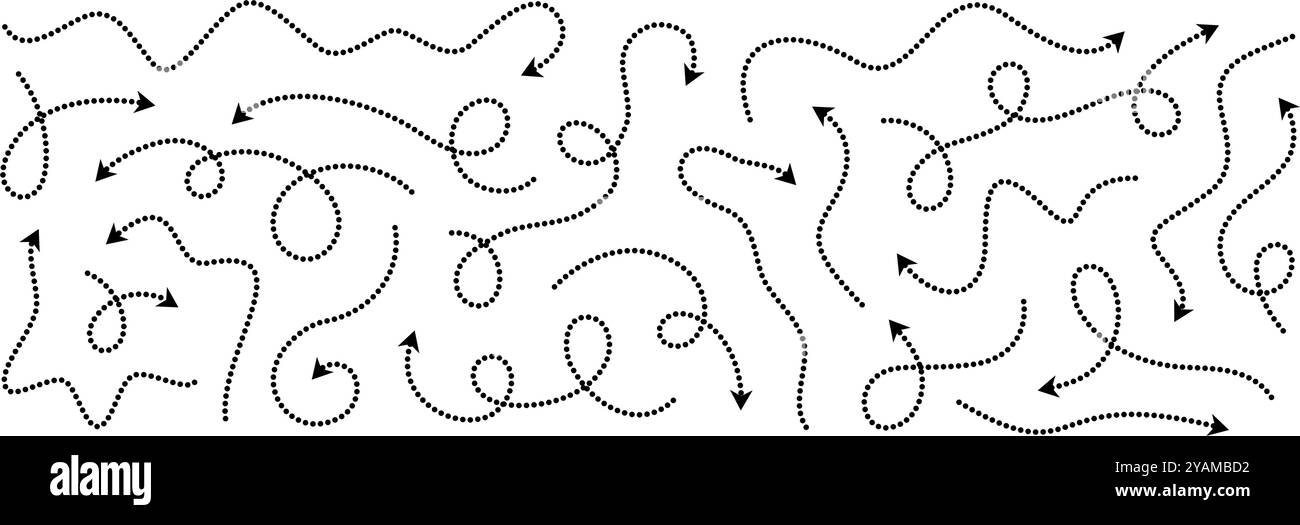 Comic dotted thin arrow set. Wavy curved dashed pointer collection ...