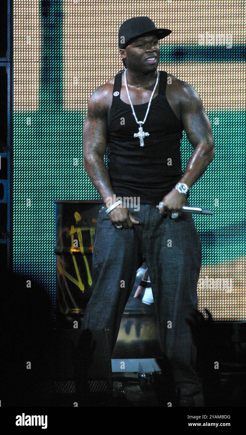 50 CENT performing at The Tweeter Center on August 6, 2005. Photo by ...