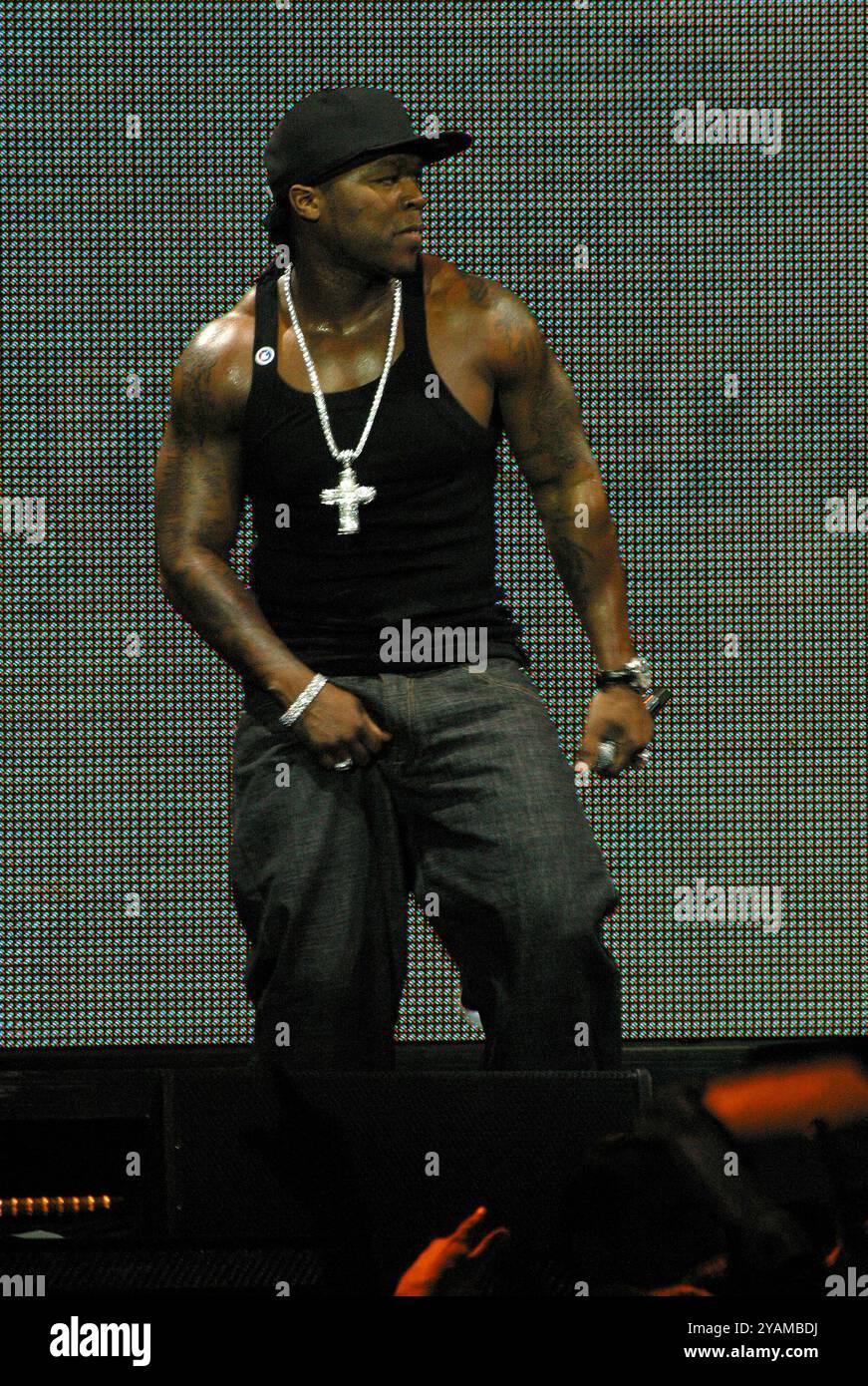 50 CENT performing at The Tweeter Center on August 6, 2005. Photo by ...