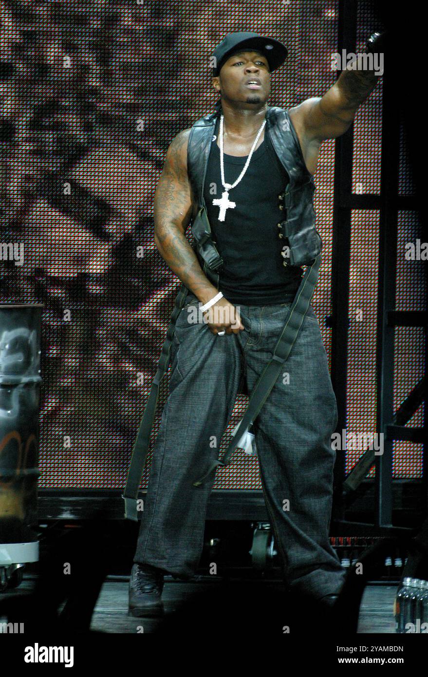 50 CENT performing at The Tweeter Center on August 6, 2005. Photo by ...