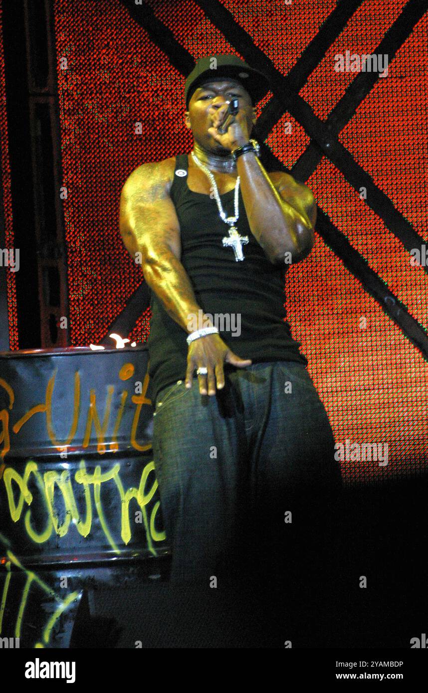 50 CENT performing at The Tweeter Center on August 6, 2005. Photo by ...