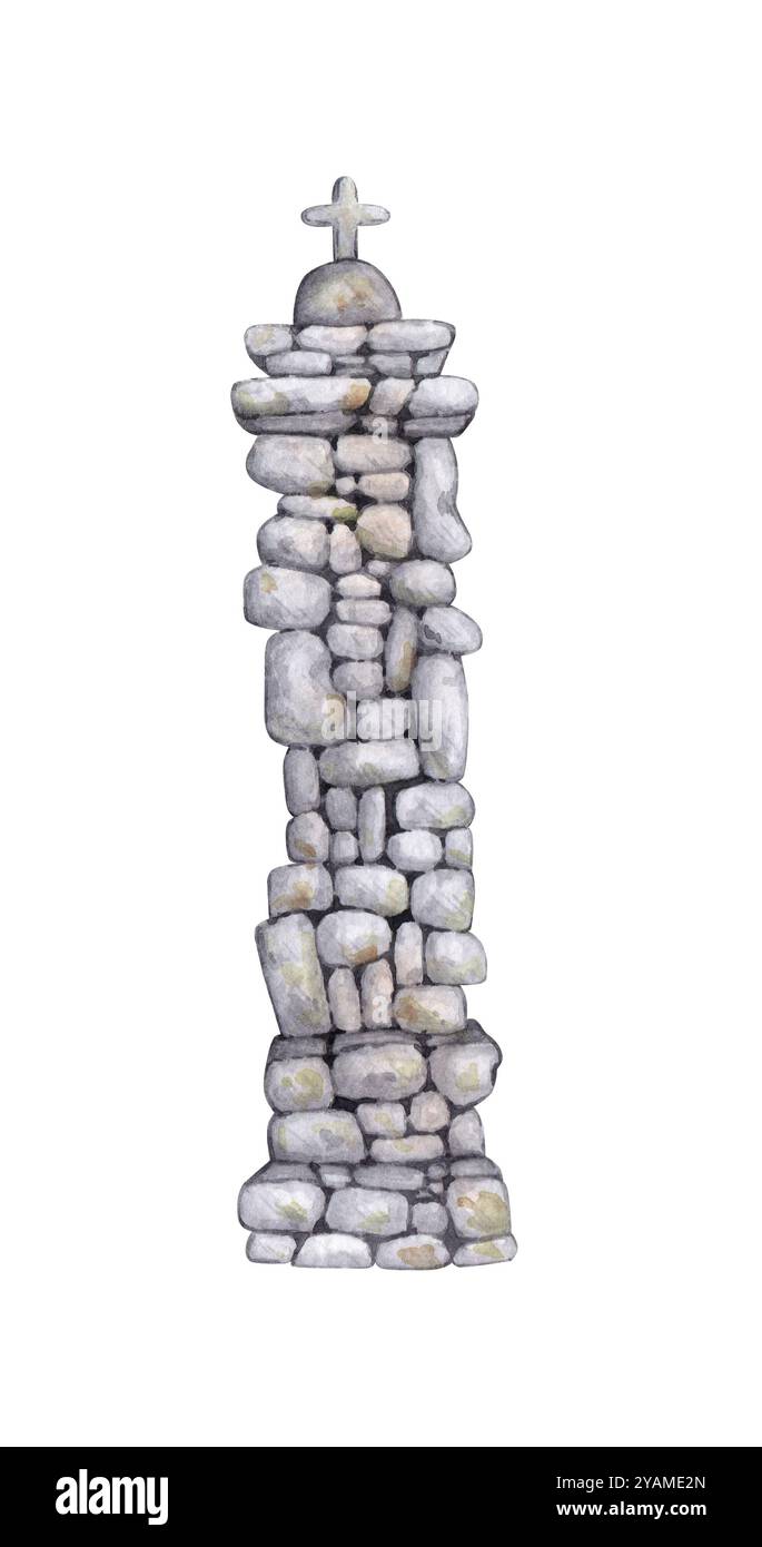 Old fence, stone column overgrown with moss, watercolor illustration ...