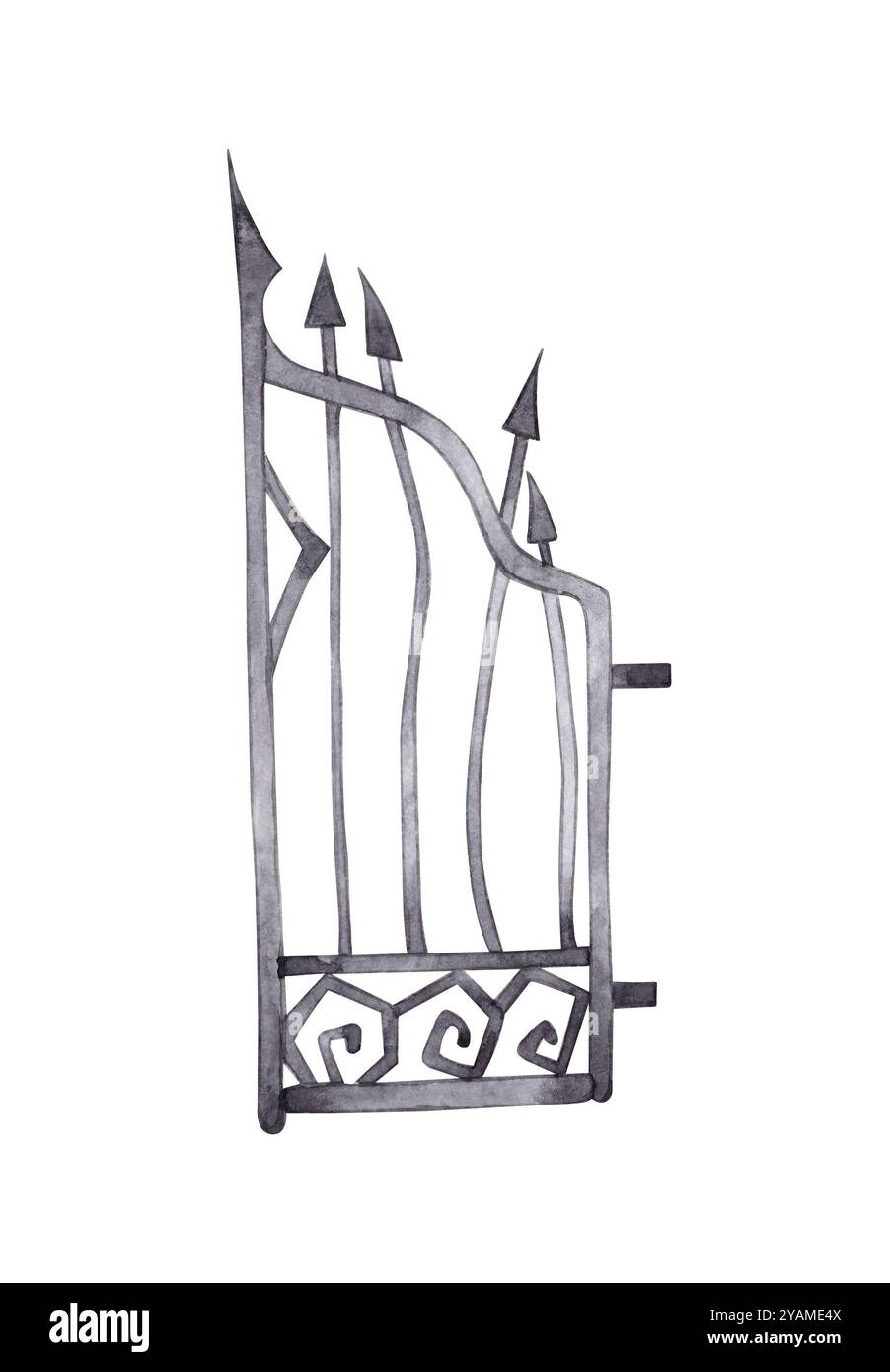 Old, rusty, metal gate, broken bars, watercolor illustration ...