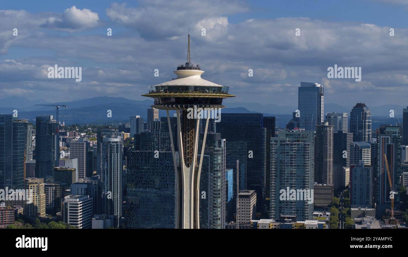 Aerial View of the Seattle Space Needle in the Lower Queen Anne ...