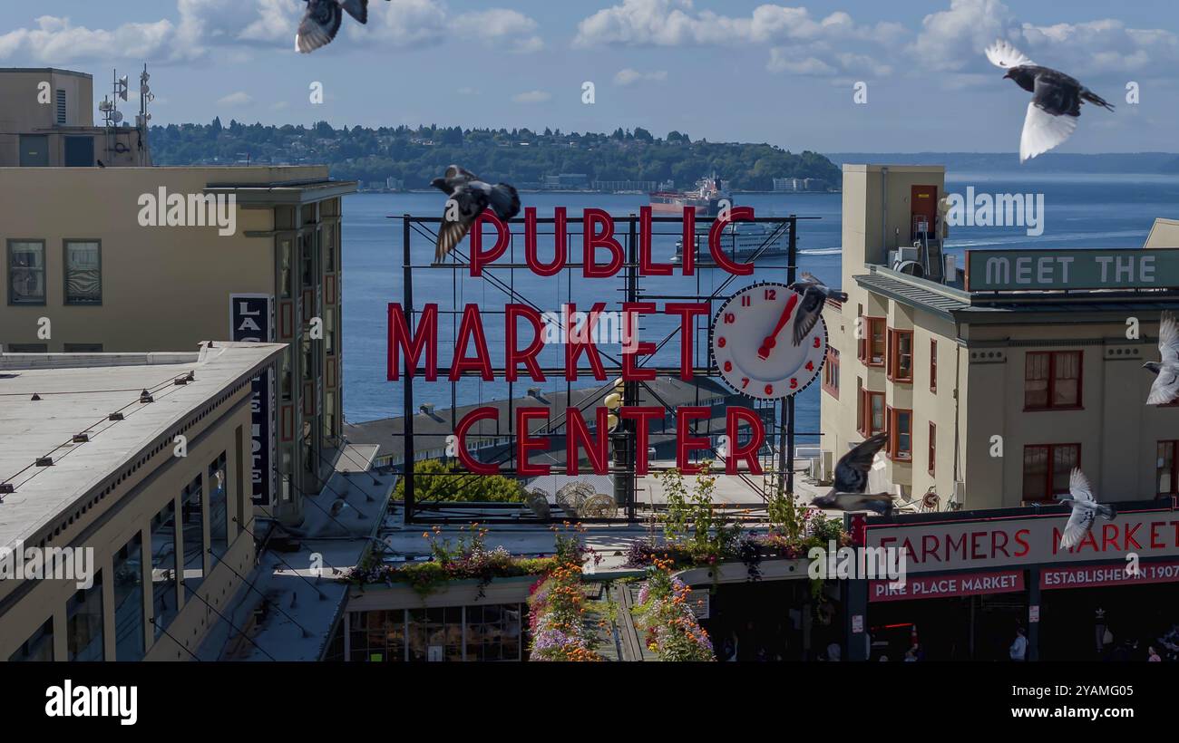 Aerial view of Pike Place Market in Seattle, Washington, United States ...