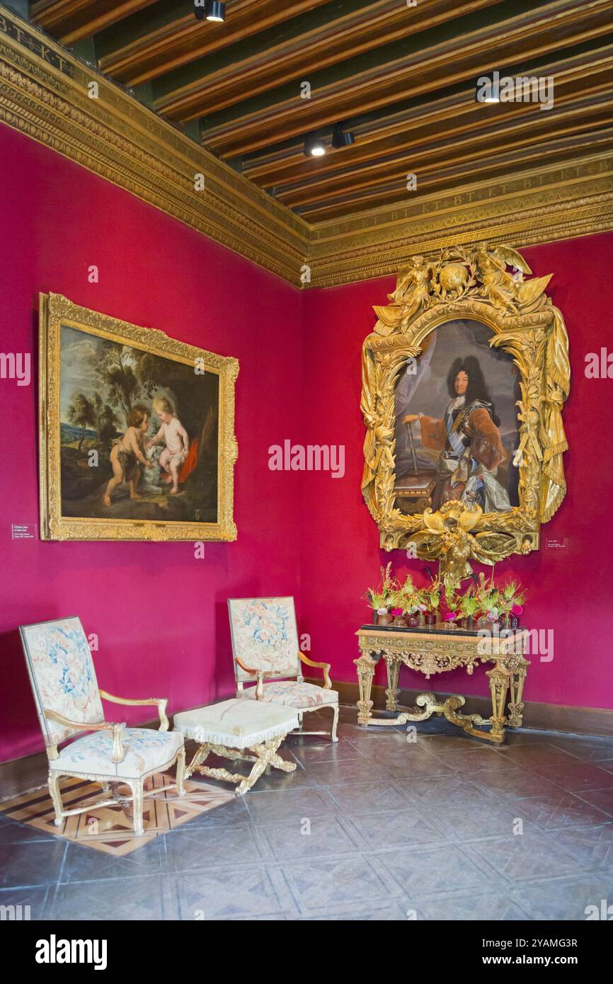 Baroque room with elaborate portraits and gold-framed paintings on red ...