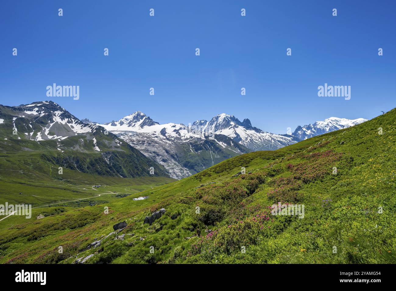 Mountain panorama with glaciated mountain peaks, Aiguille Verte and ...