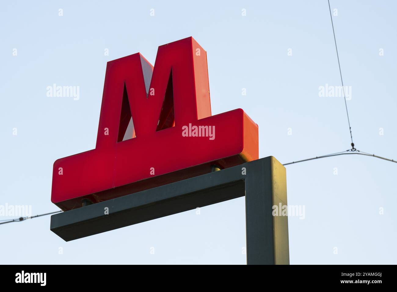Red M symbol on a sign for underground or metro, Norreport, Copenhagen ...
