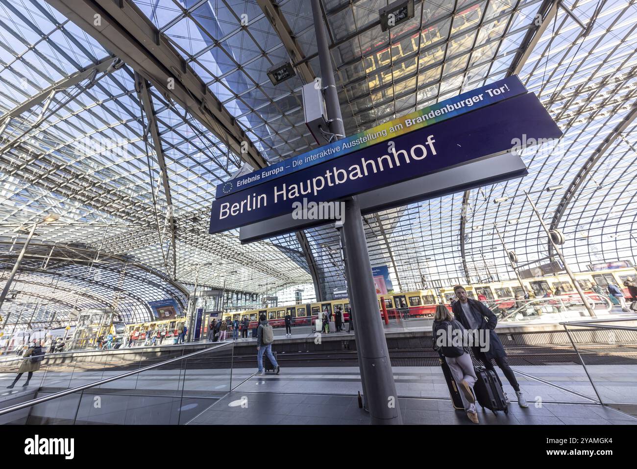 Berlin Central Station with station sign, pillarless glass roof ...