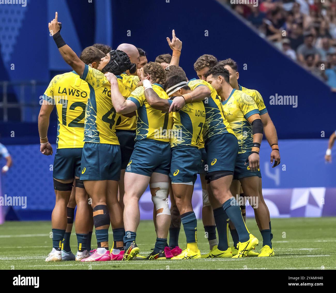 Men?s Pool B Rugby Seven: Team Australia (AUS) prepares for their match against Argentina (ARG ...