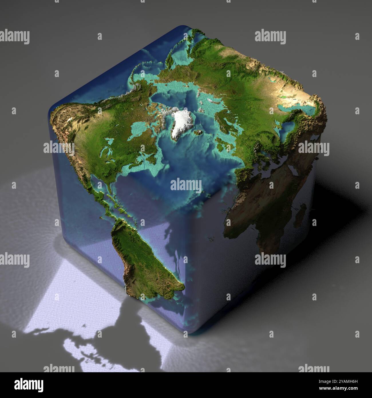 Earth is a cube with translucent water of the oceans and highlights of ...