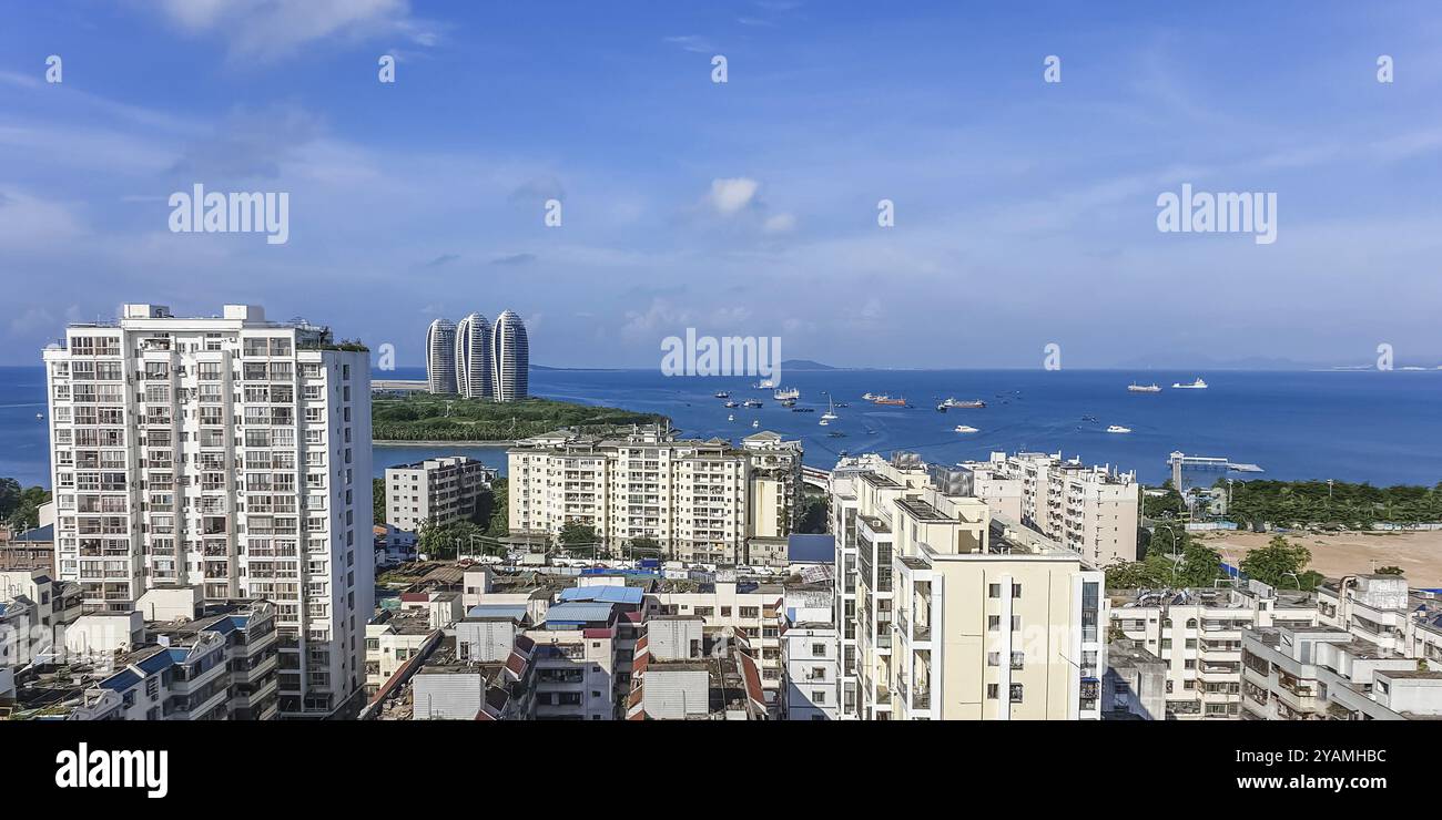 Scenic top panorama seascape and cityscape view of Sanya city on Hainan ...
