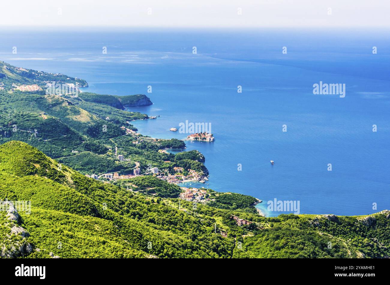 View on mountain, sea, and Sveti Stefan island from mountains ...