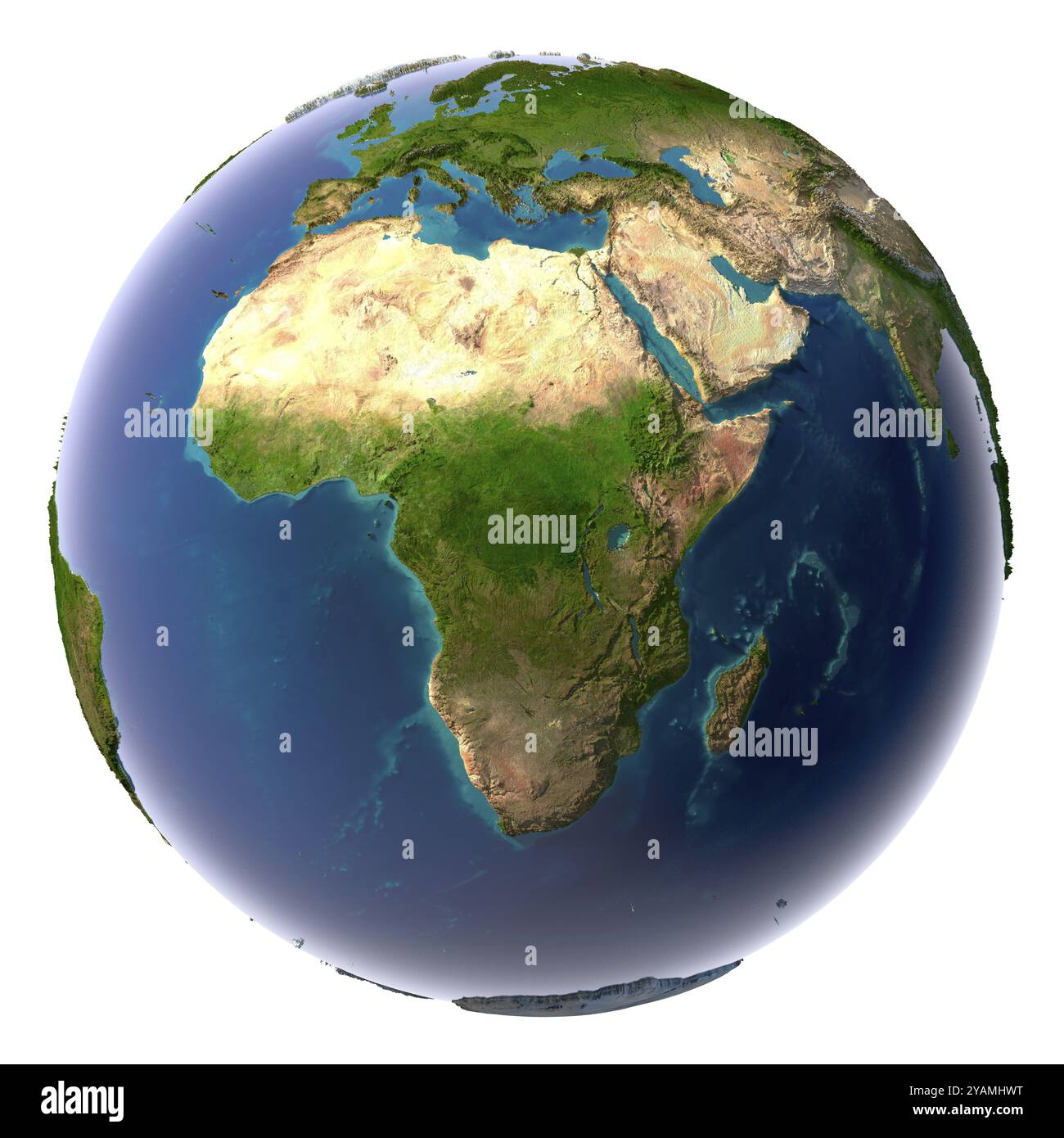 Earth with translucent water in the oceans and the detailed topography ...