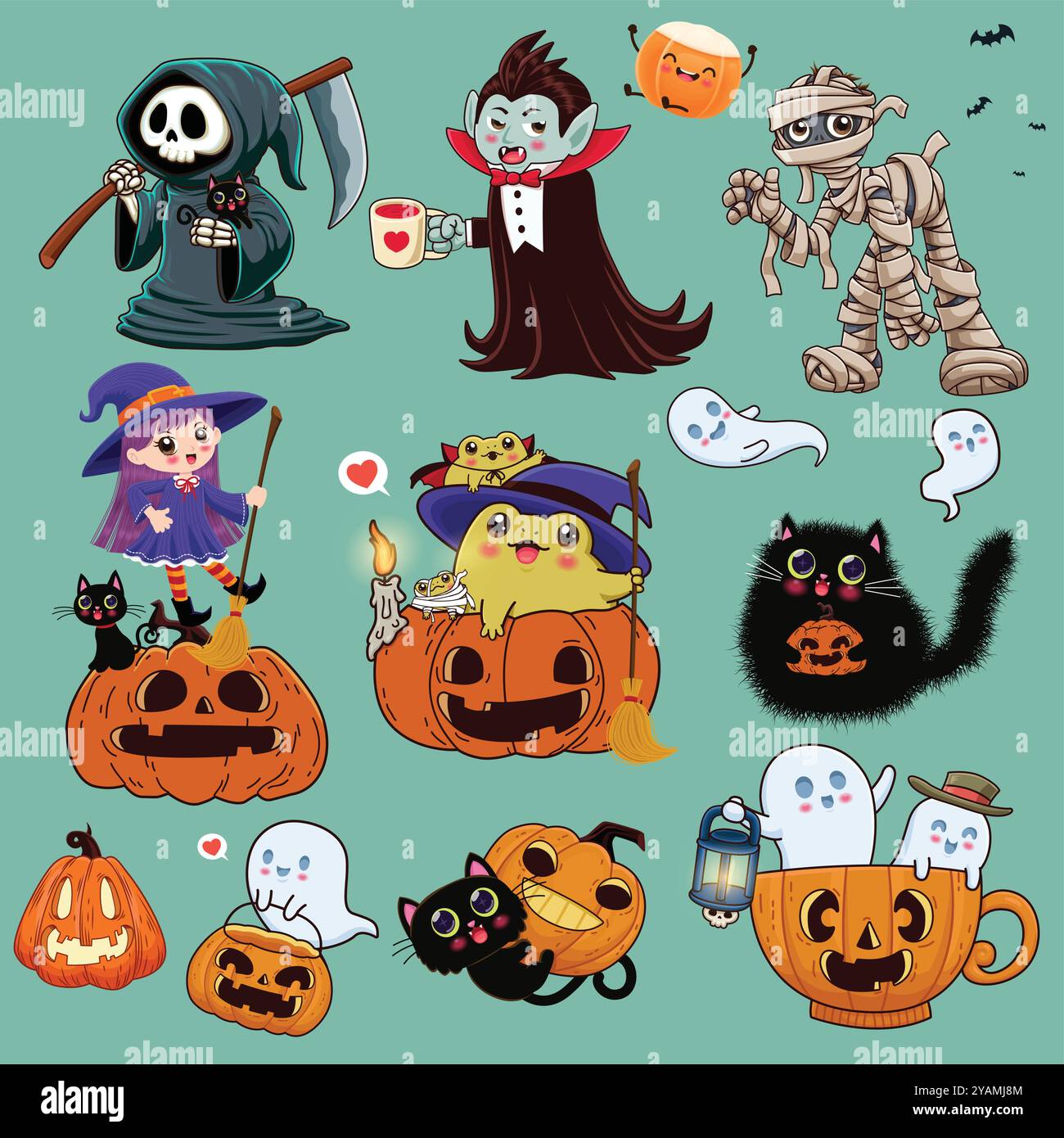 Vintage Halloween poster design with vector reaper, vampire, mummy ...