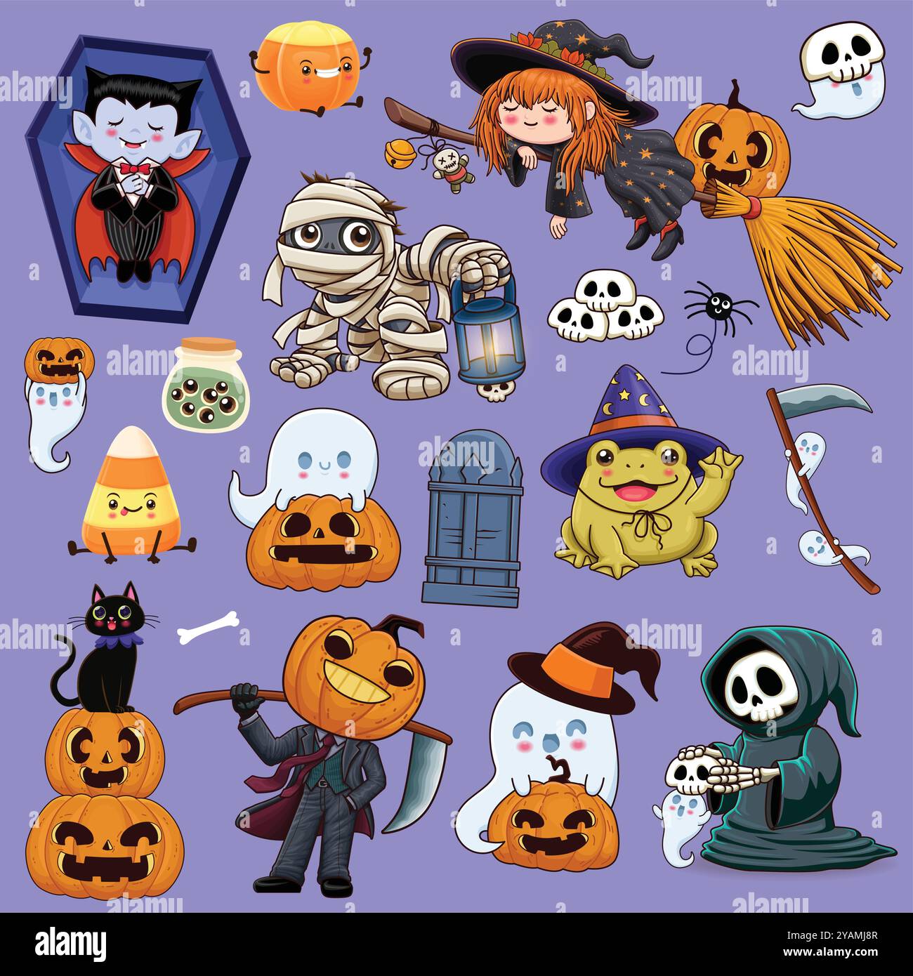 Vintage Halloween poster design with vector reaper, vampire, mummy ...
