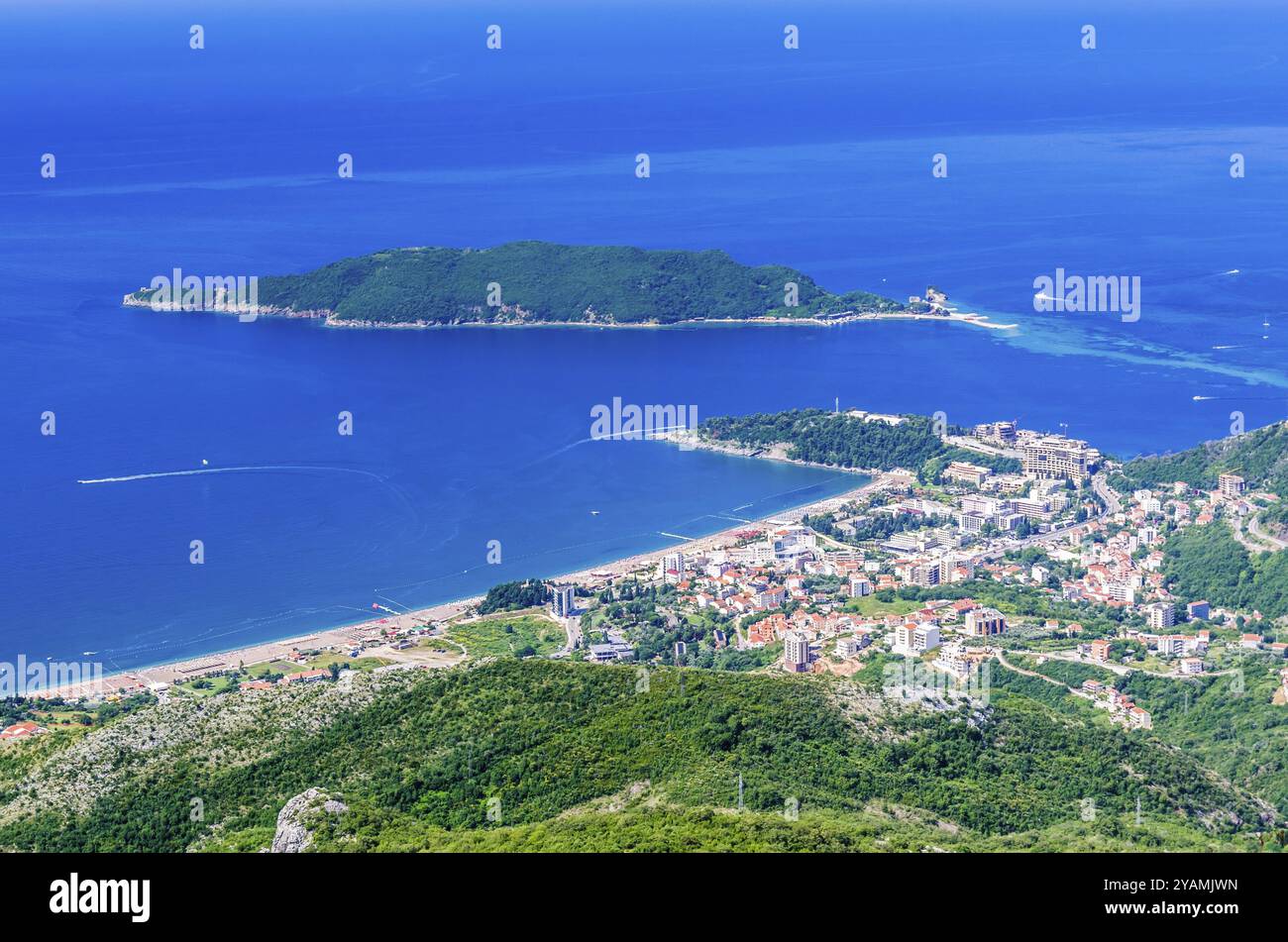 View on mountain, sea, Budva and Sveti Nikola island from mountains ...