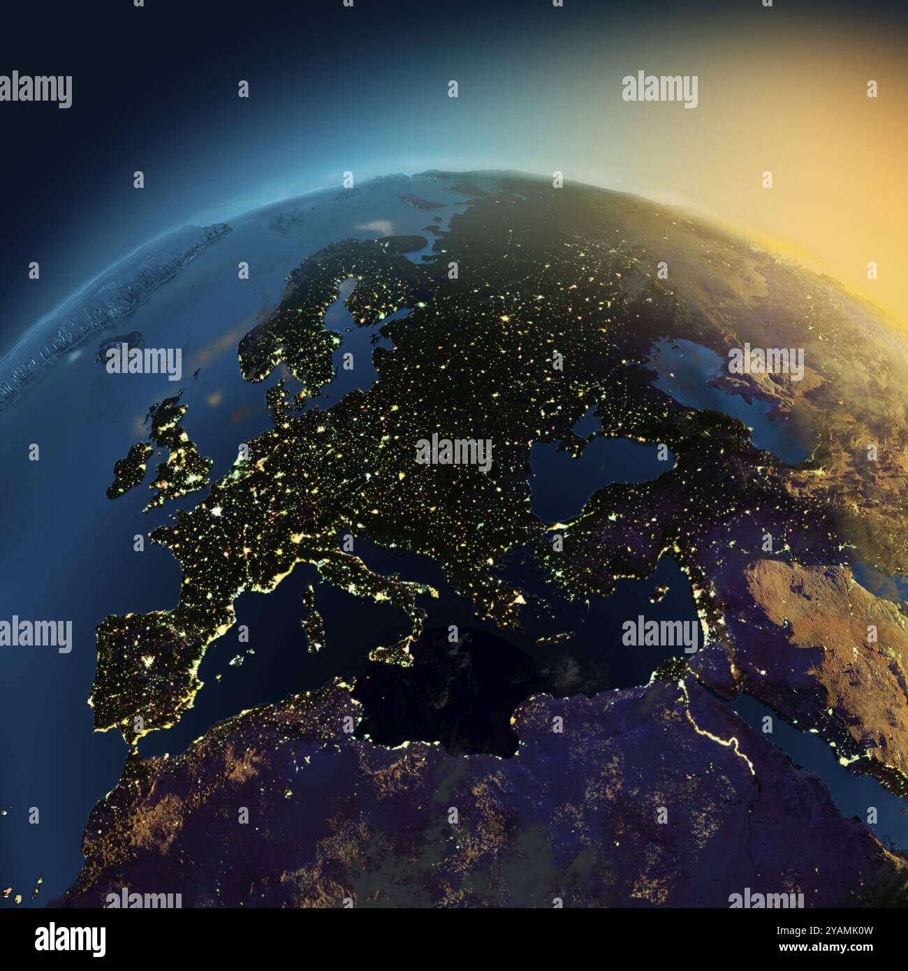 Night view of Europe from the satellite to the glowing lights of towns ...