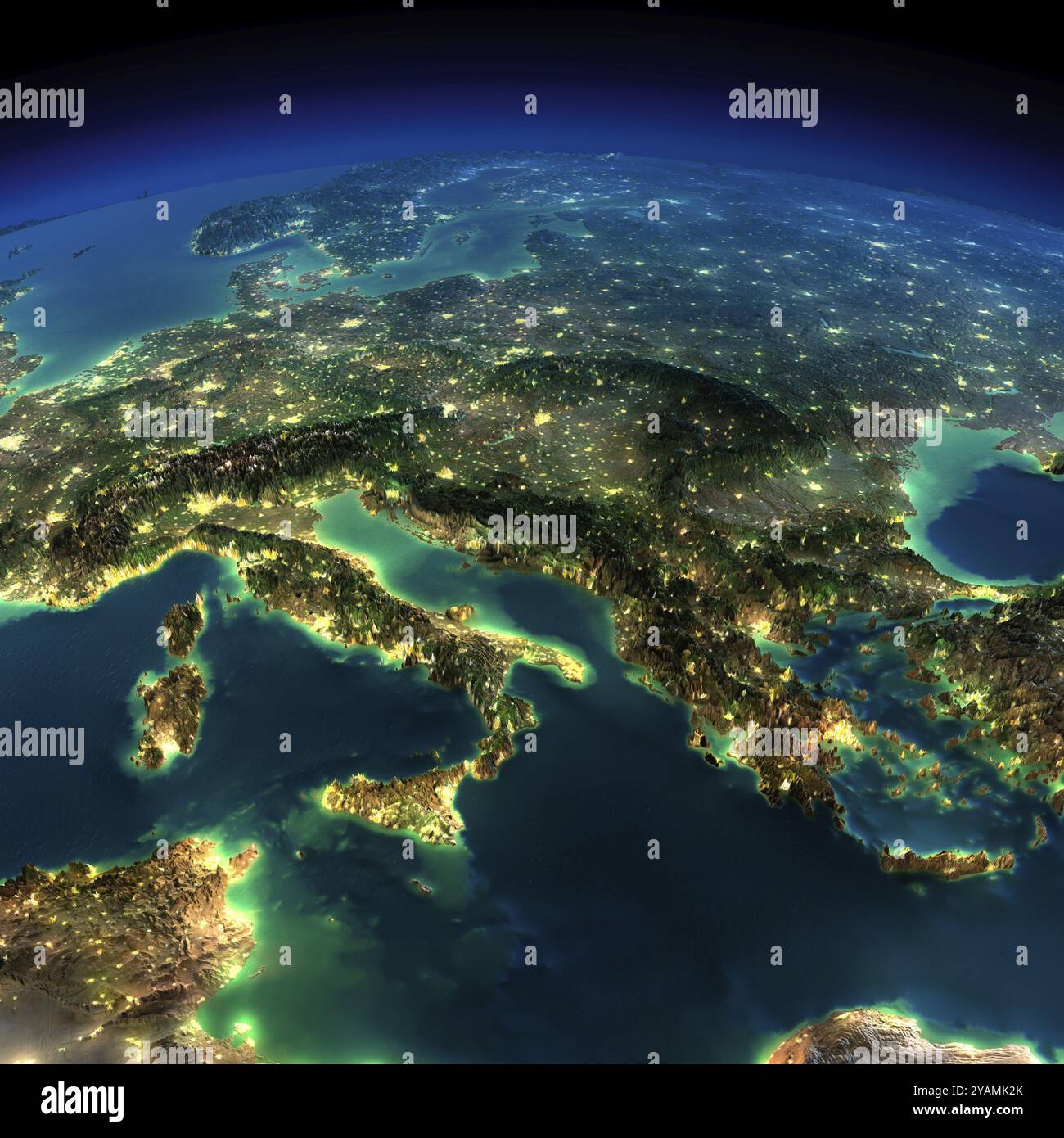 Highly detailed Earth, illuminated by moonlight. The glow of cities ...