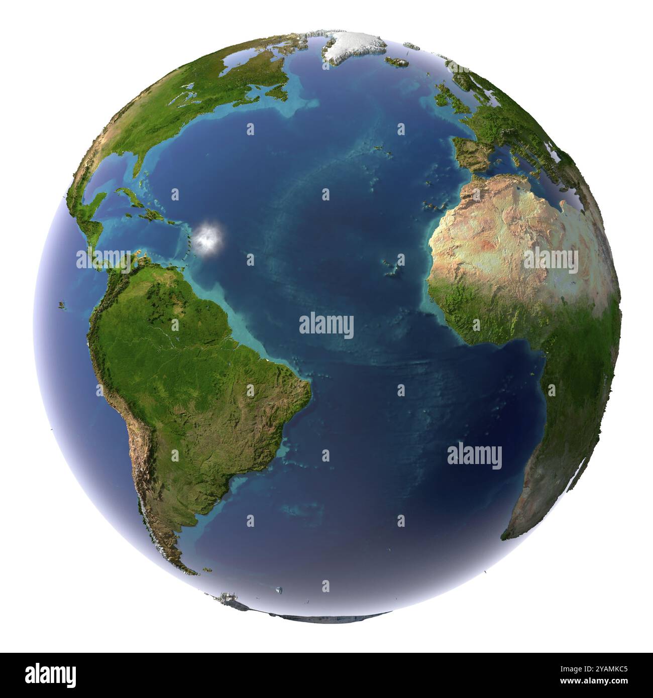 Earth with translucent water in the oceans and the detailed topography ...