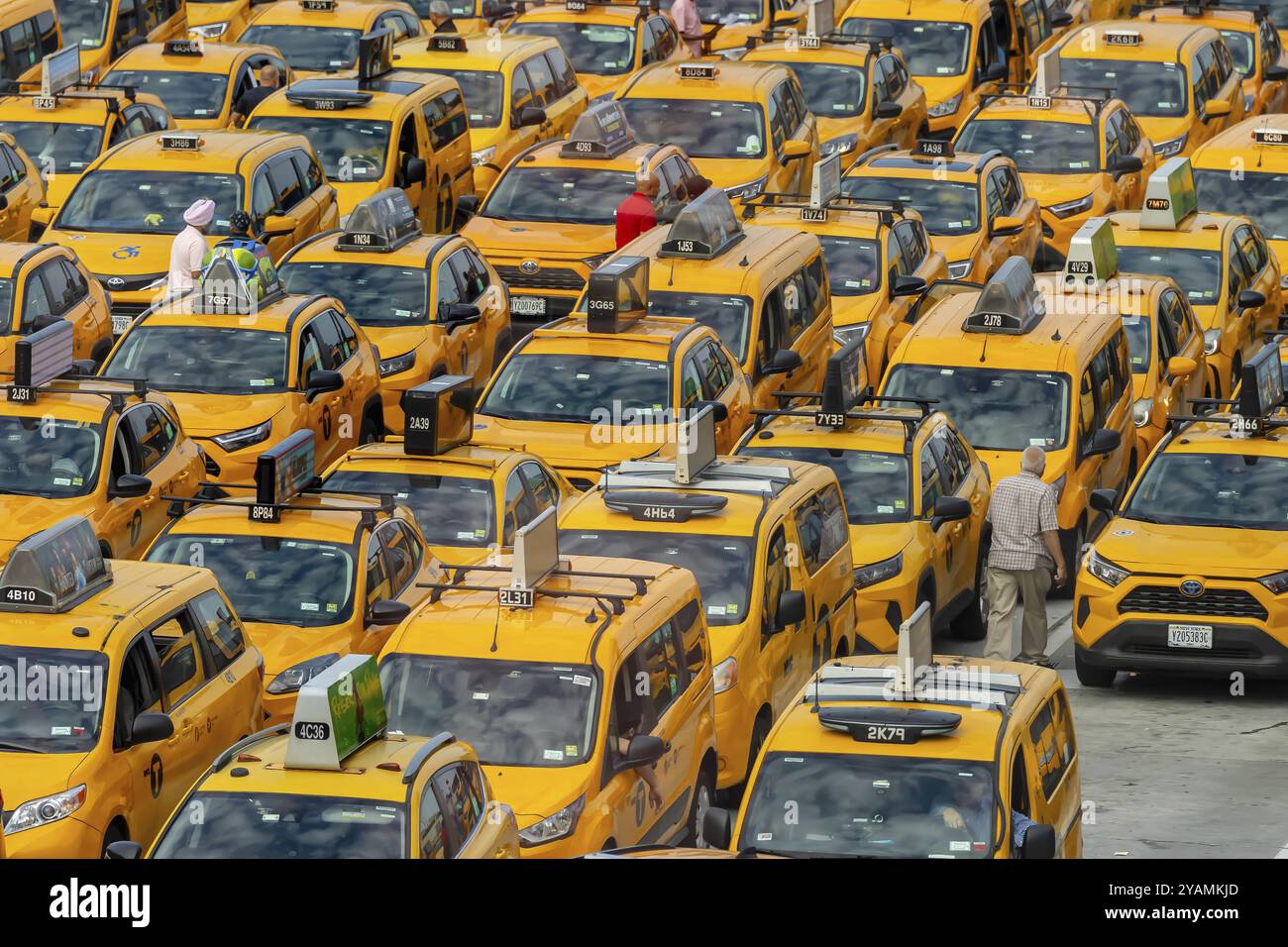 Yellow taxi cabs wait in line at LaGuardia Airport before picking up ...