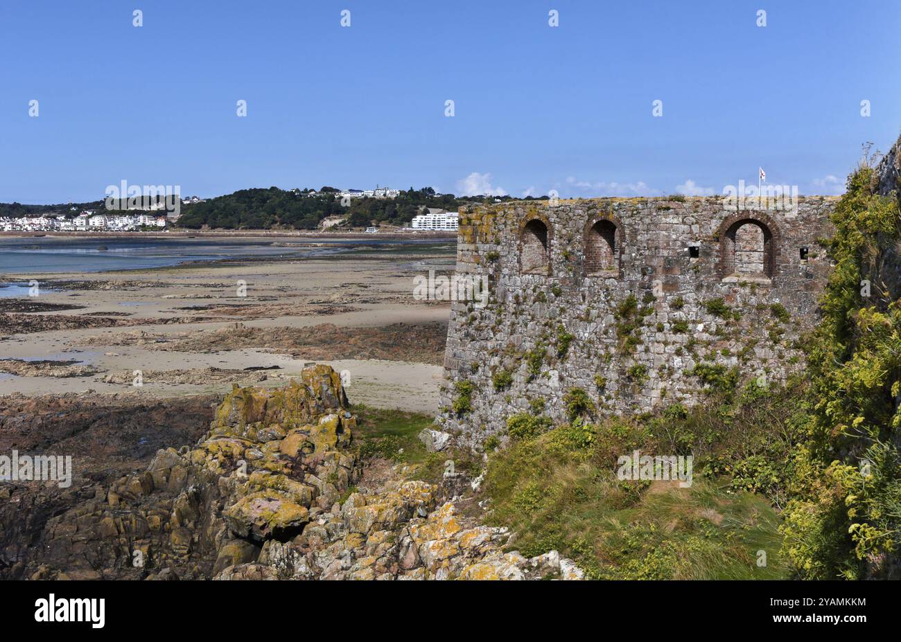 The outer walls of the Elizabeth Castle on the island of Jersey on a ...
