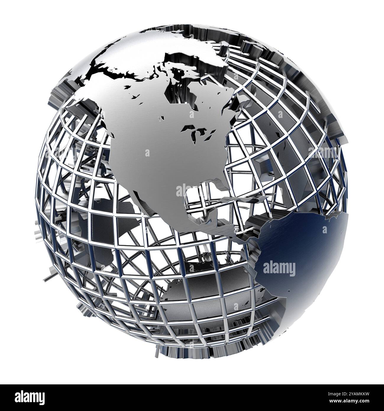 Metal Globe relief mainland on chrome grid of meridians and parallels ...