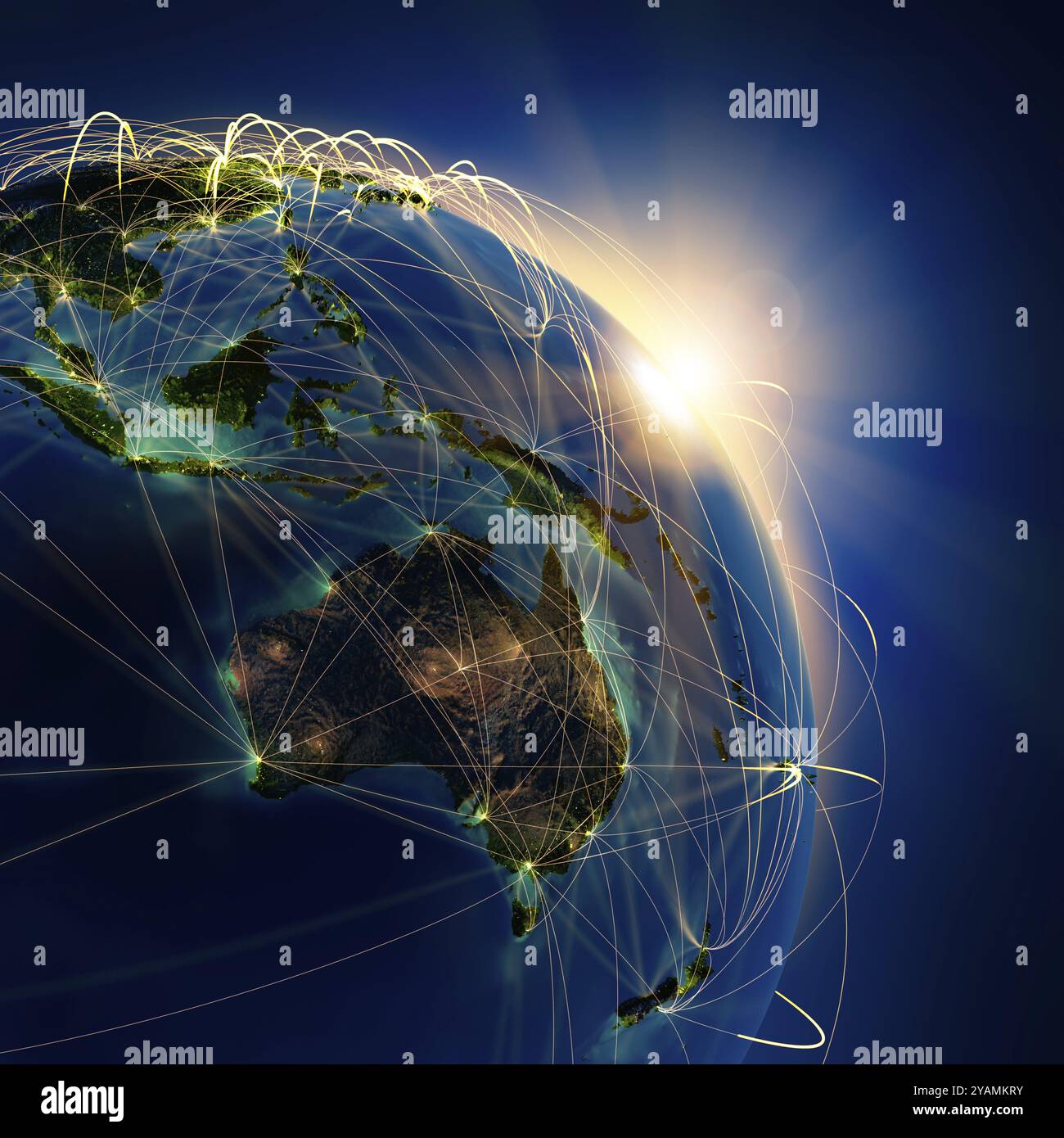 Highly detailed planet Earth at night, lit by the rising sun, with ...