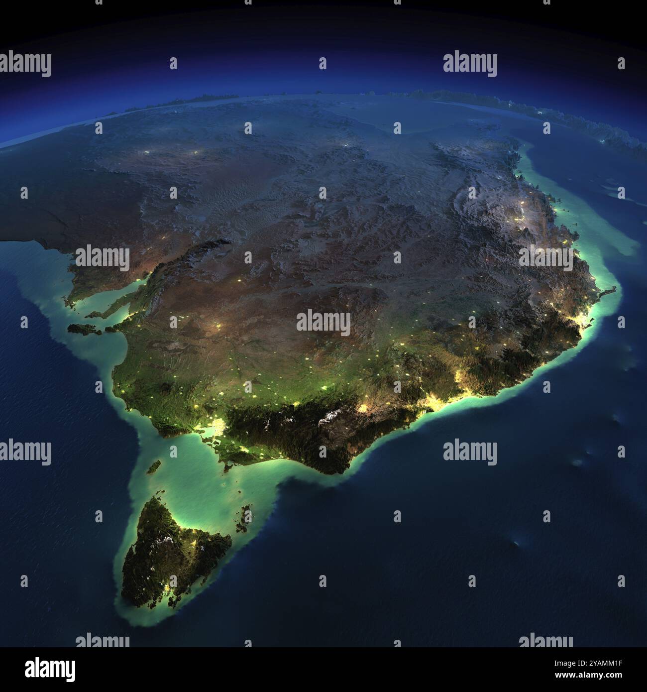 Highly detailed Earth, illuminated by moonlight. The glow of cities ...