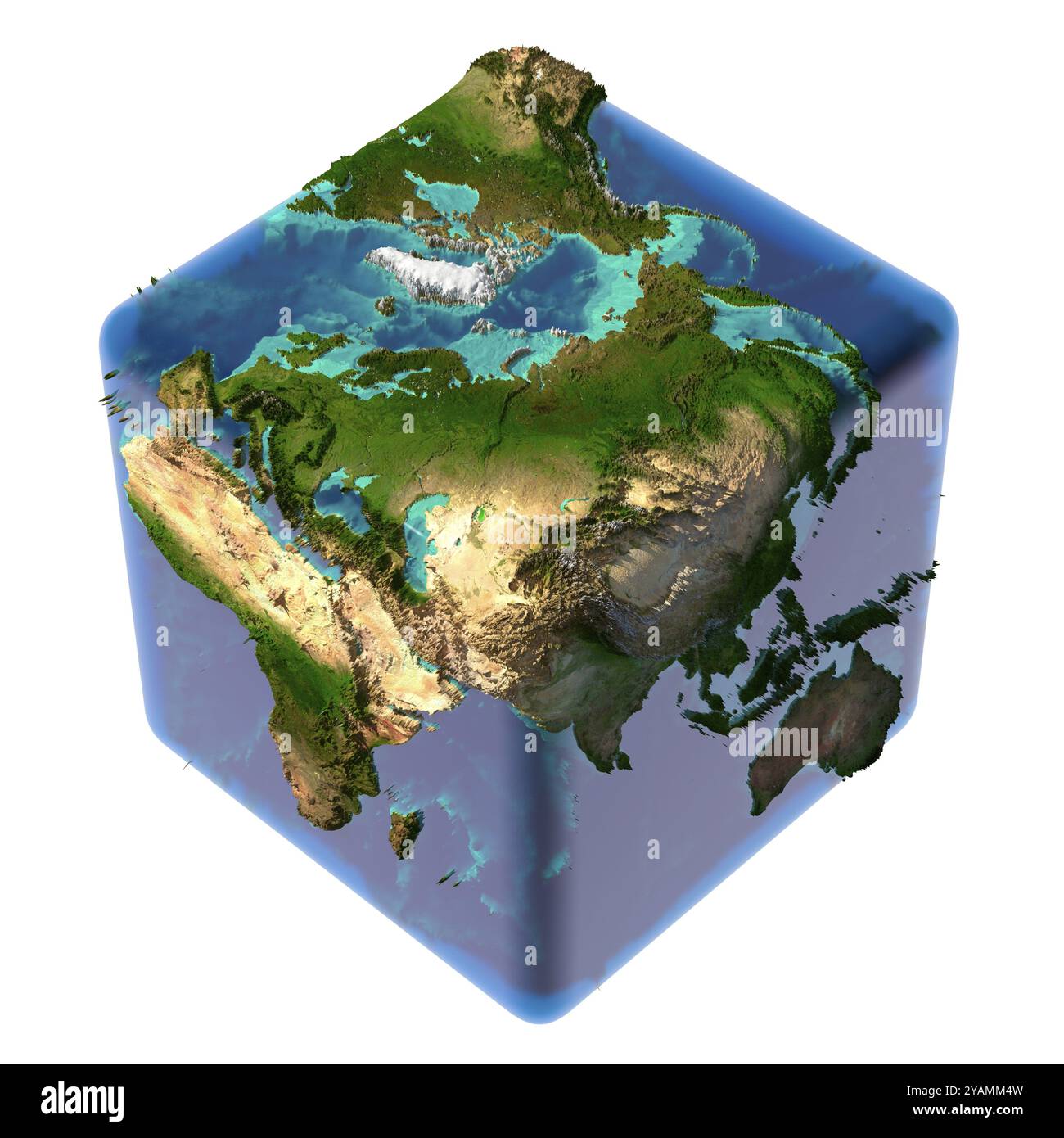 Earth as a cube with translucent body of water and a detailed relief ...
