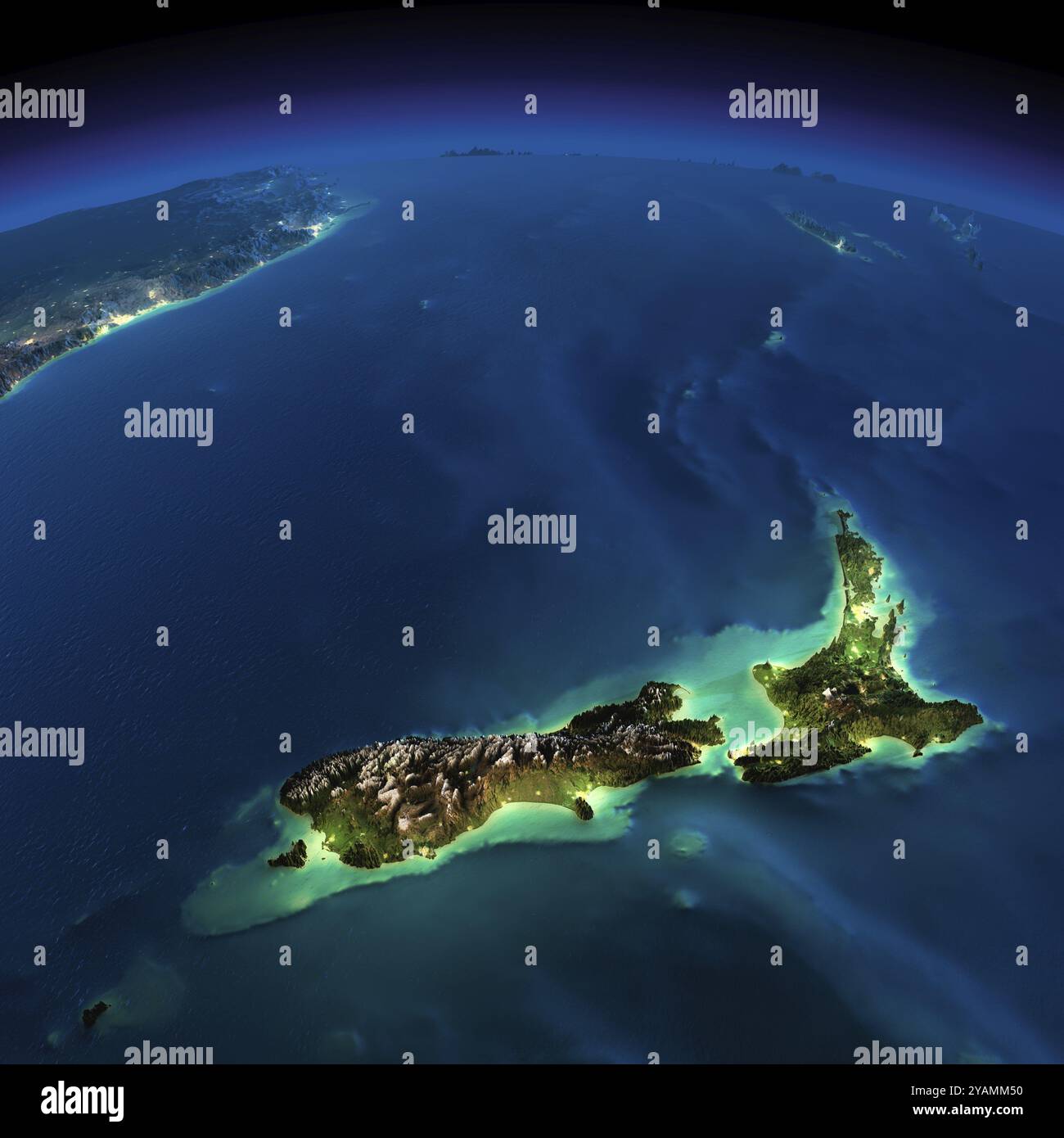 Highly detailed Earth, illuminated by moonlight. The glow of cities ...