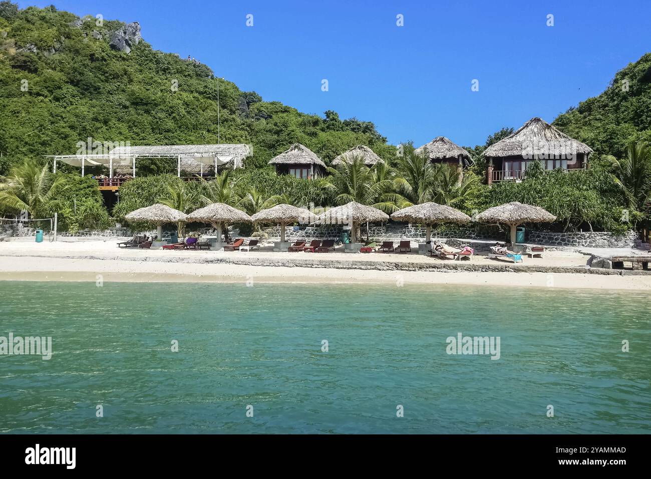 Amazing view on sand beach and resort on Monkey island in Halong bay ...