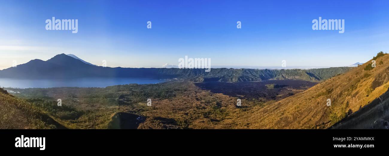Morning panorama view on mountain from summit of Batur volcano, Bali ...