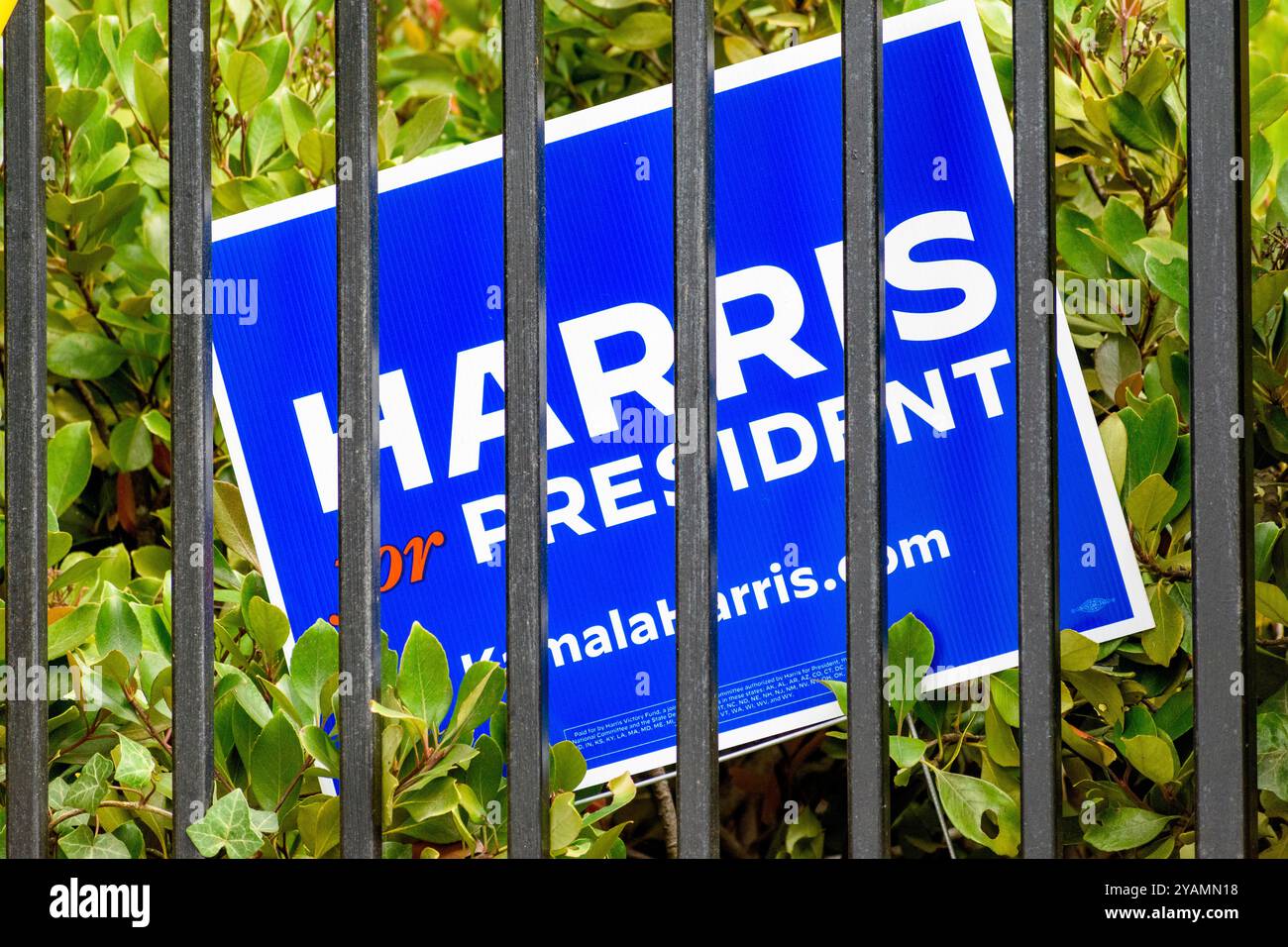 Harris for President campaign sign is displayed behind a black metal ...