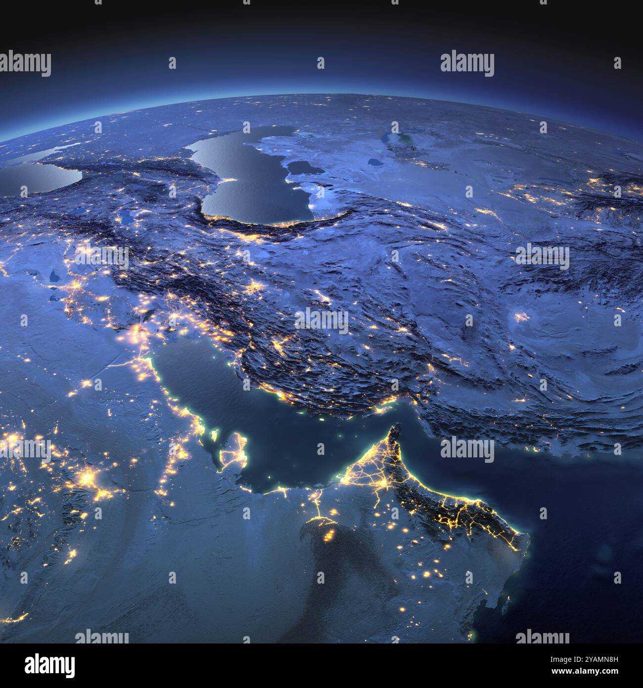 Night planet Earth with precise detailed relief and city lights ...